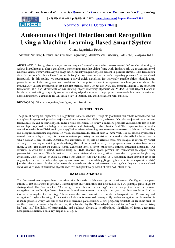 Pdf Autonomous Object Detection And Recognition Using A Machine