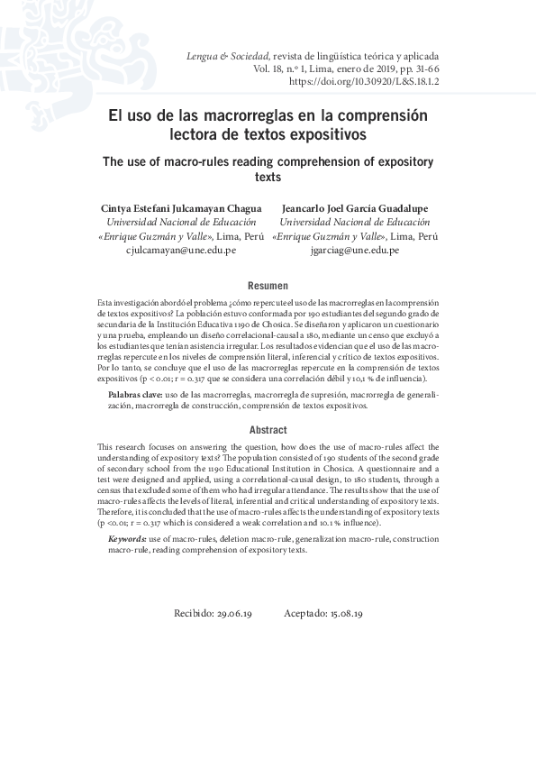 (PDF) El uso de las macrorreglas en la comprensión lectora de textos ...