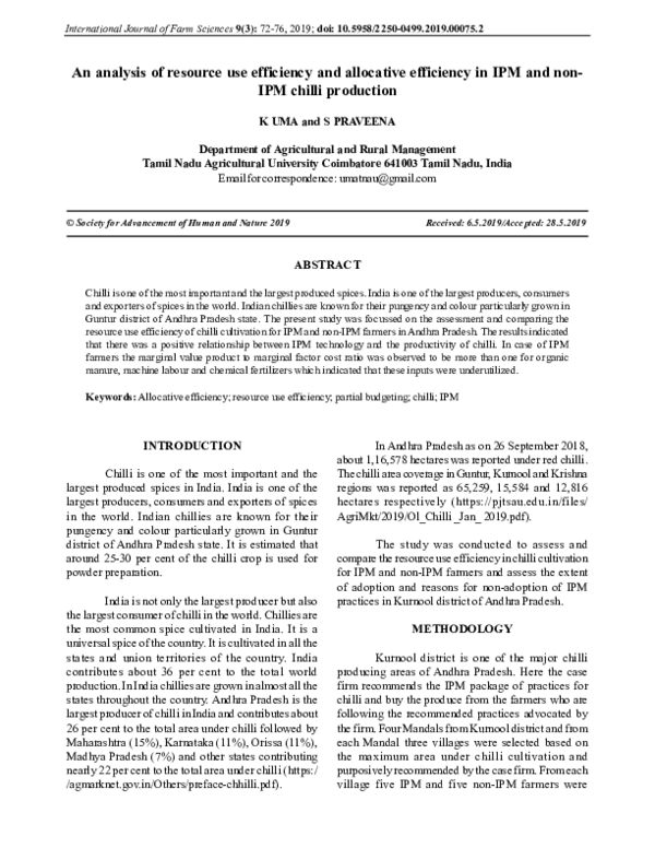 Pdf An Analysis Of Resource Use Efficiency And Allocative Efficiency In Ipm And Non Ipm