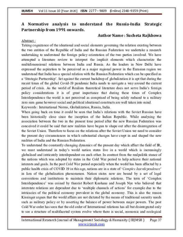 (PDF) A Normative analysis to understand the Russia-India Strategic ...