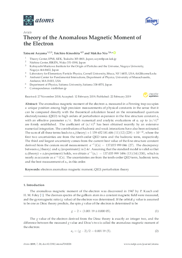 (PDF) Theory of the Anomalous Magnetic Moment of the Electron