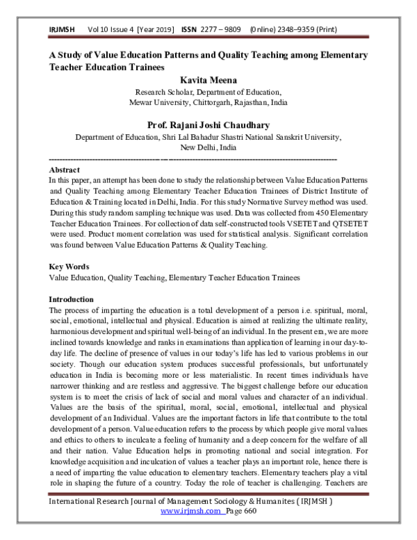 (PDF) A Study of Value Education Patterns and Quality Teaching among ...