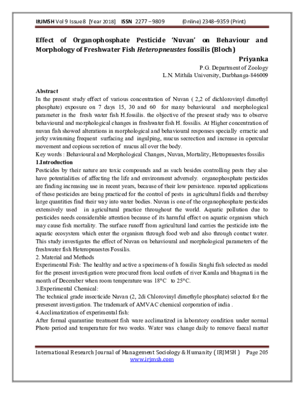 (PDF) Effect of Organophosphate Pesticide ‘Nuvan’ on Behaviour and ...