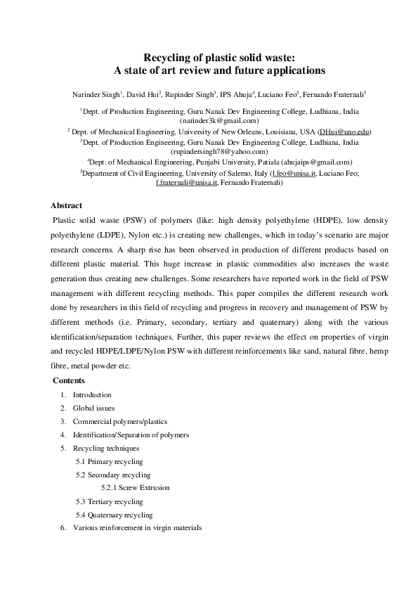 (PDF) Recycling of plastic solid waste: A state of art review and ...