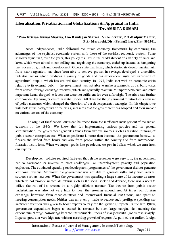 (PDF) Liberalization, Privatization and Globalization: An Appraisal in ...