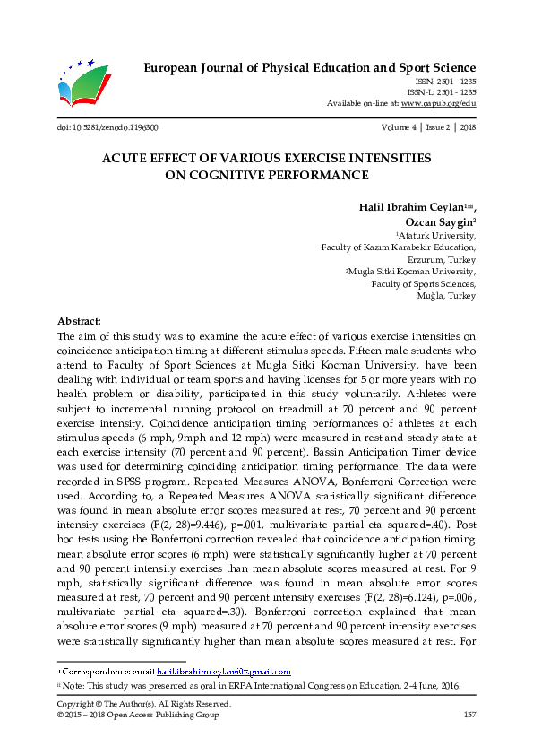 (PDF) ACUTE EFFECT OF VARIOUS EXERCISE INTENSITIES ON COGNITIVE PERFORMANCE | Ozcan Saygin ...