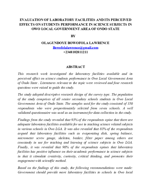(DOC) EVALUATION OF LABORATORY FACILITIES AND ITS PERCEIVED EFFECTS ON ...