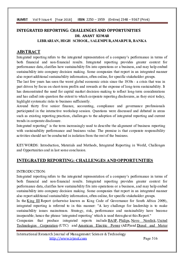 (PDF) INTEGRATED REPORTING: CHALLENGES AND OPPORTUNITIES
