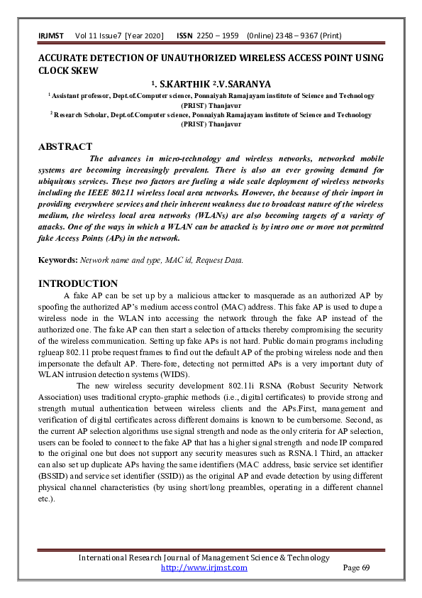 Pdf Accurate Detection Of Unauthorized Wireless Access Point Using Clock Skew