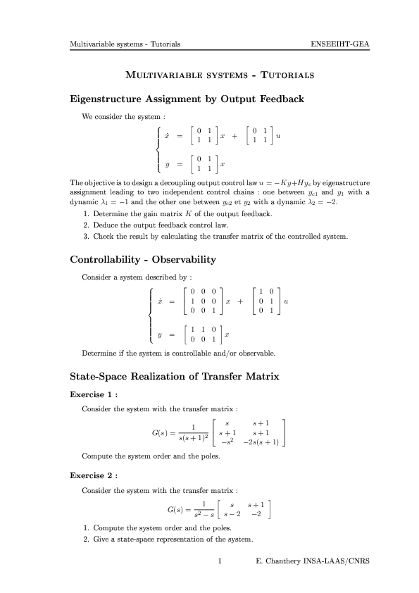 (PDF) Multivariable systems -Tutorials ENSEEIHT-GEA Multivariable systems -Tutorials