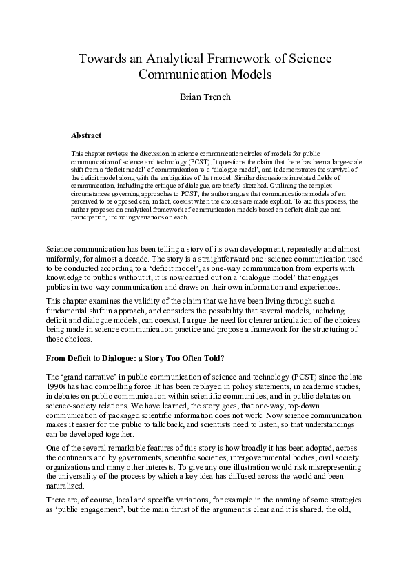 (PDF) Towards an analytical framework of science communication models