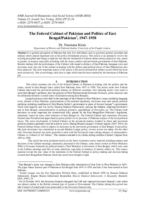 (PDF) The Federal Cabinet of Pakistan and Politics of East Bengal ...