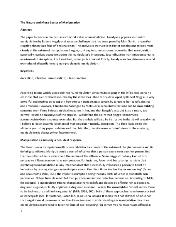 (DOC) The Nature and Moral Status of Manipulation