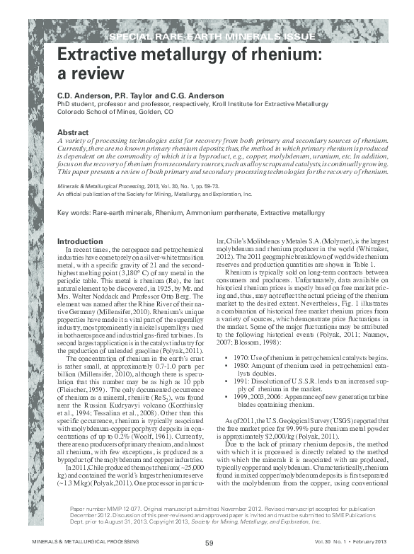 (PDF) Extractive metallurgy of rhenium: a review