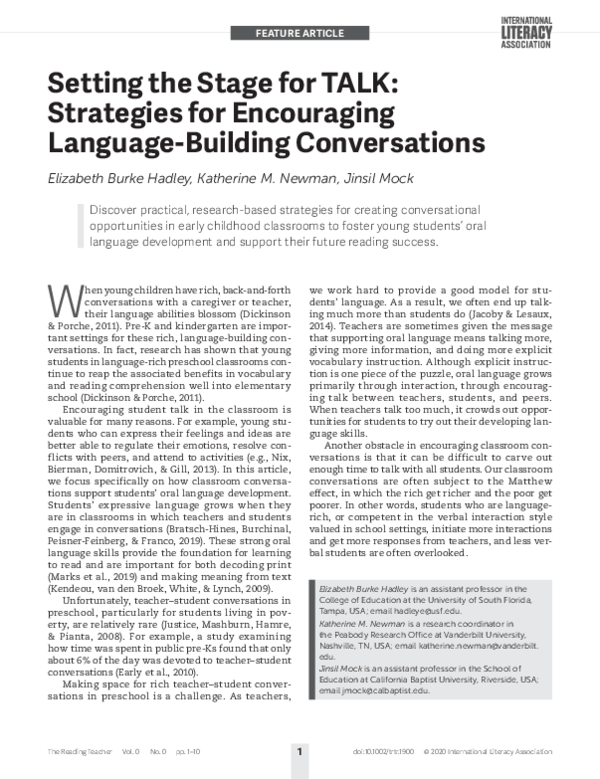 (PDF) Setting the Stage for TALK: Strategies for Encouraging Language ...