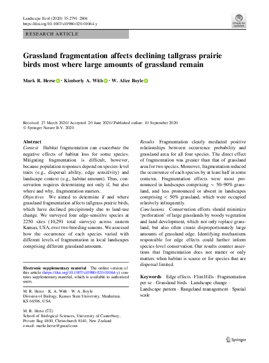 (PDF) Grassland fragmentation affects declining tallgrass prairie birds ...