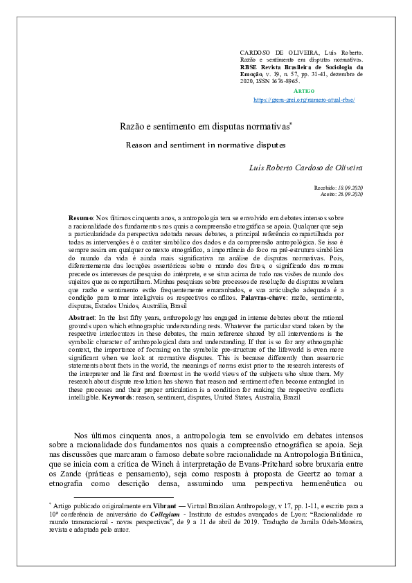 (PDF) Razão e sentimento em disputas normativas