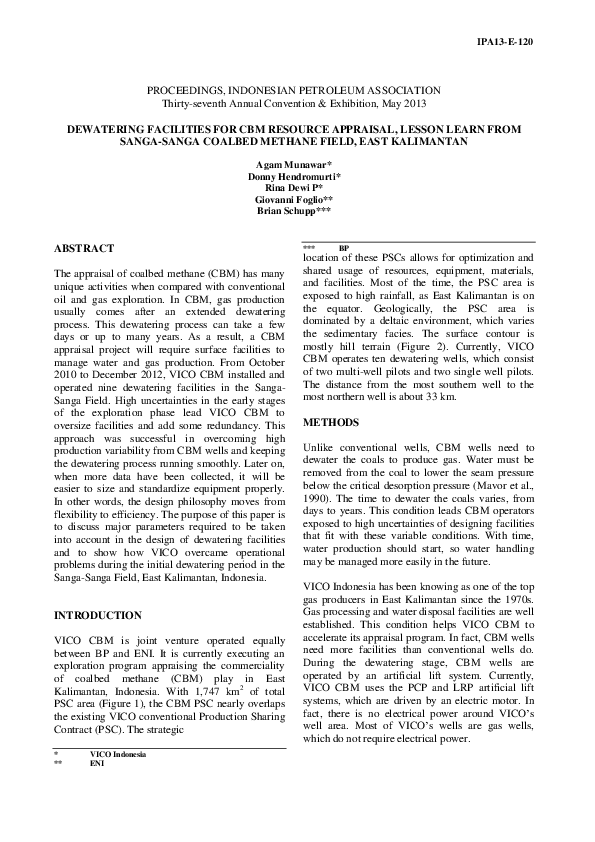 (PDF) DEWATERING FACILITIES FOR CBM RESOURCE APPRAISAL, LESSON LEARN ...