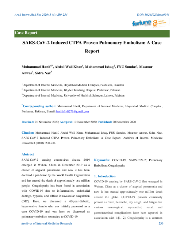 (PDF) SARS-CoV-2 Induced CTPA Proven Pulmonary Embolism: A Case Report ...