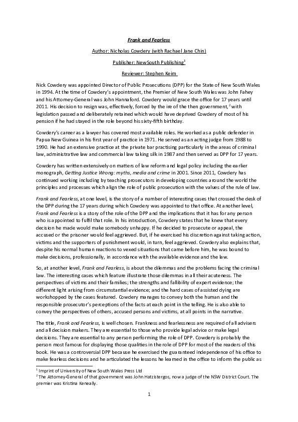 (DOC) Review of Nicholas Cowdery and Rachel Chin's Frank and Fearless