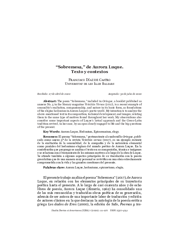 (PDF) "Sobremesa," de Aurora Luque. Texto y contextos