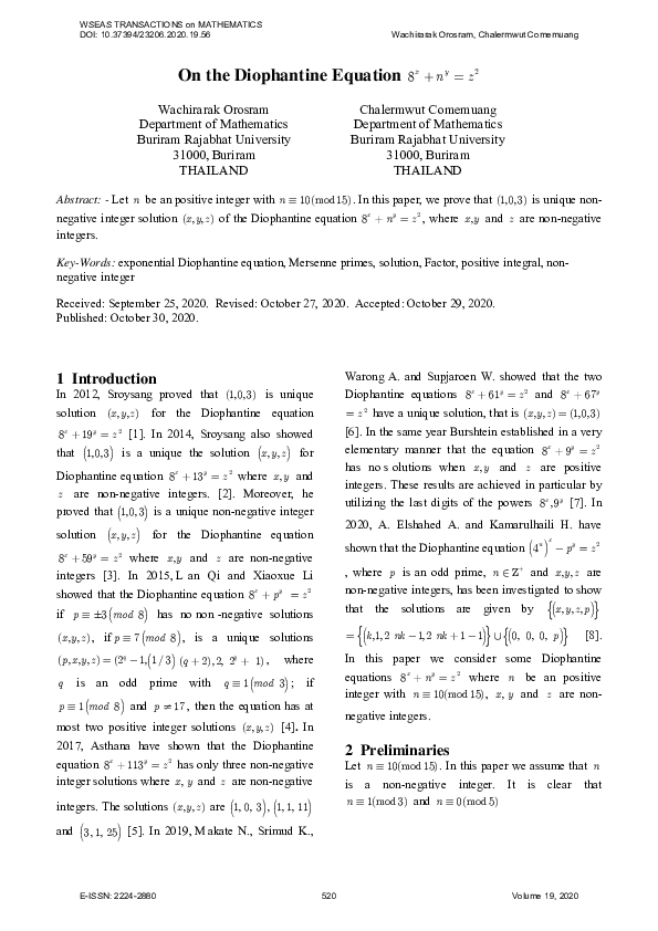 (PDF) On the Diophantine Equation 8^x+n^y=z^2
