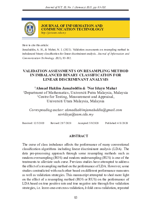 (PDF) Validation Assessments on Resampling Method in Imbalanced Binary Classification for Linear ...