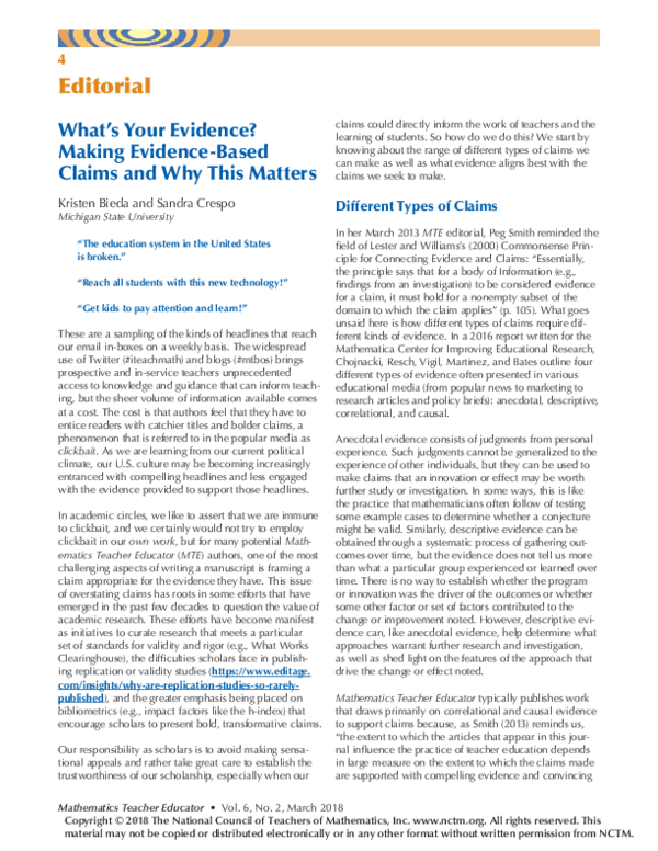 (PDF) Editorial—What's Your Evidence? Making Evidence-Based Claims and ...
