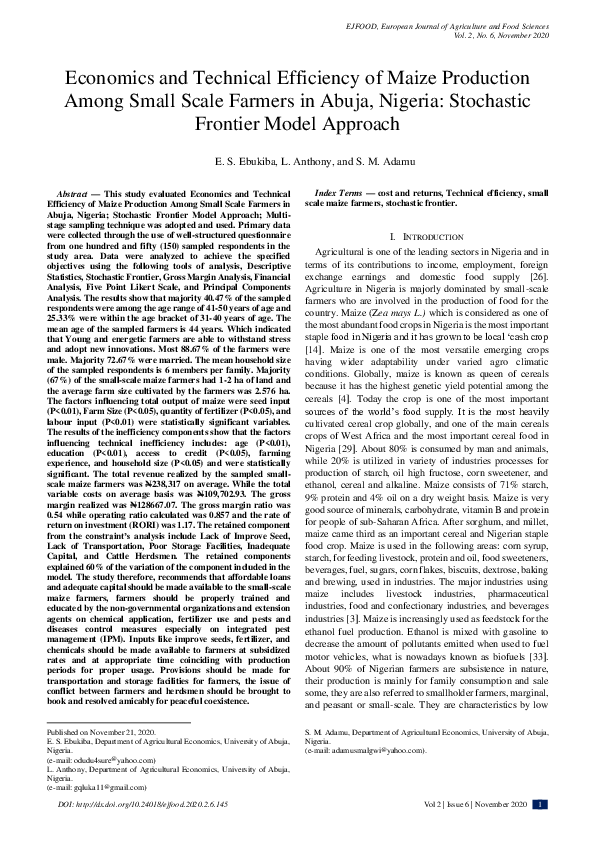 (PDF) Economics and Technical Efficiency of Maize Production Among Small Scale Farmers in Abuja ...