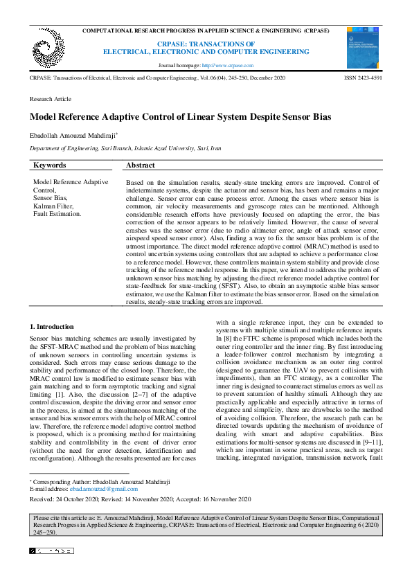Pdf Model Reference Adaptive Control Of Linear System Despite Sensor Bias