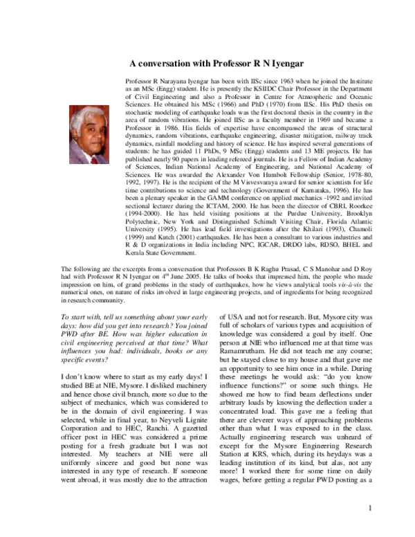 (PDF) Interview with Prof RN Iyengar
