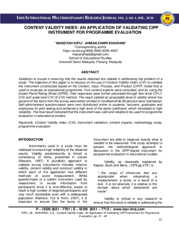 (PDF) Content Validity Index: An Application of Validating CIPP Instrument for Programme Evaluation
