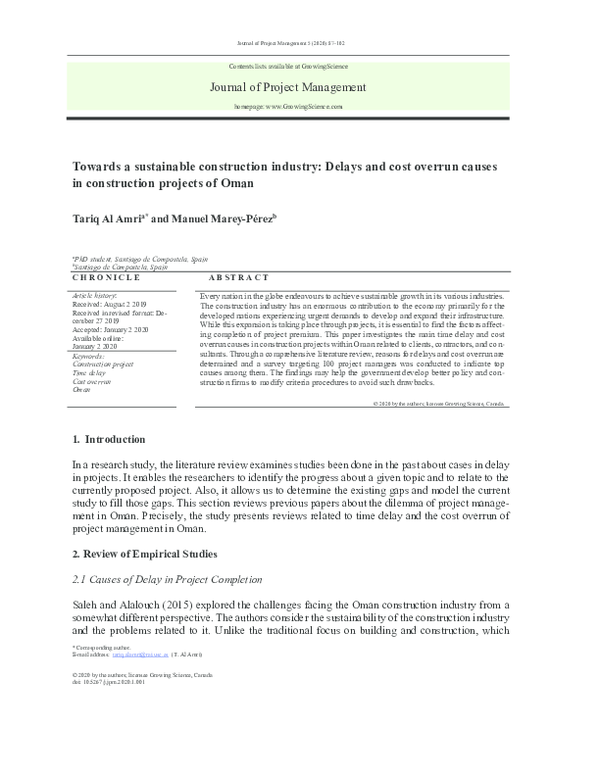Pdf Journal Of Project Management Towards A Sustainable Construction Industry Delays And Cost