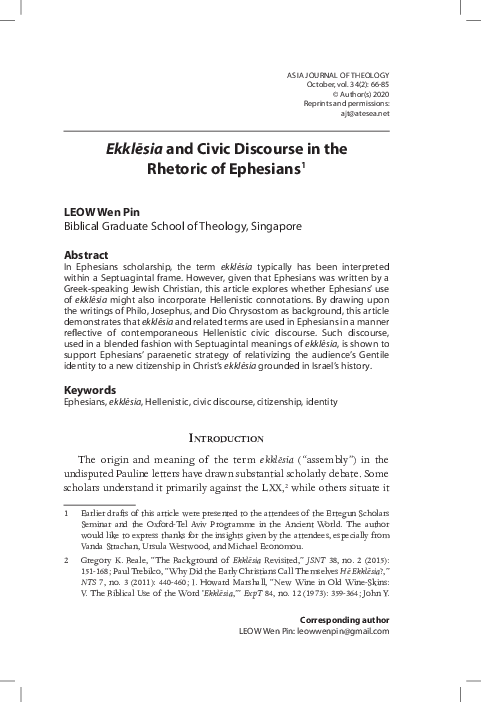 (PDF) Ekklēsia and Civic discourse in the Rhetoric of Ephesians 1