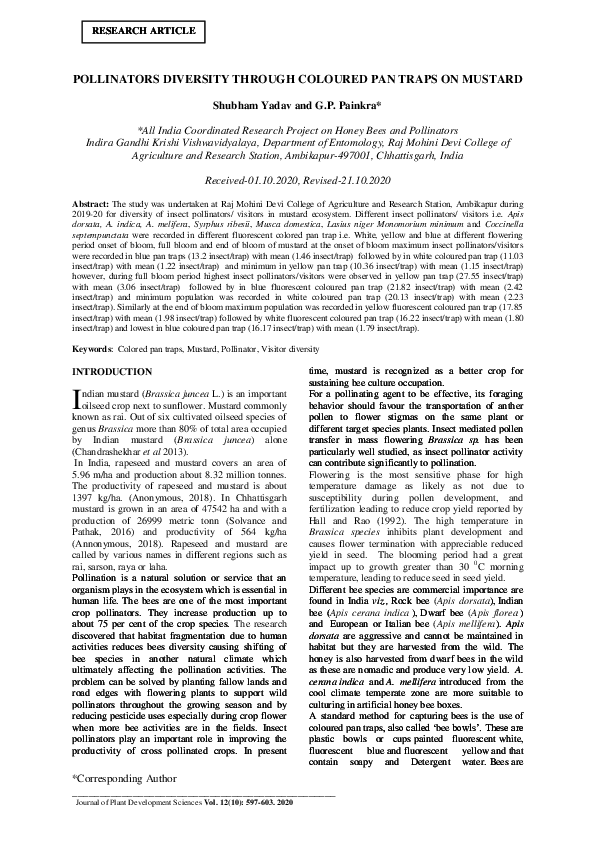 (PDF) POLLINATORS DIVERSITY THROUGH COLOURED PAN TRAPS ON MUSTARD
