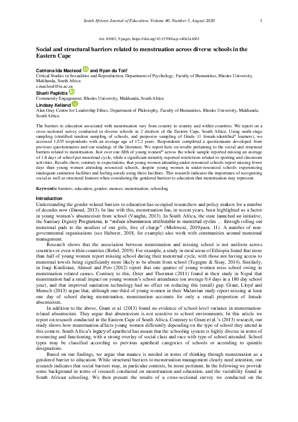 (PDF) Social and structural barriers related to menstruation across ...