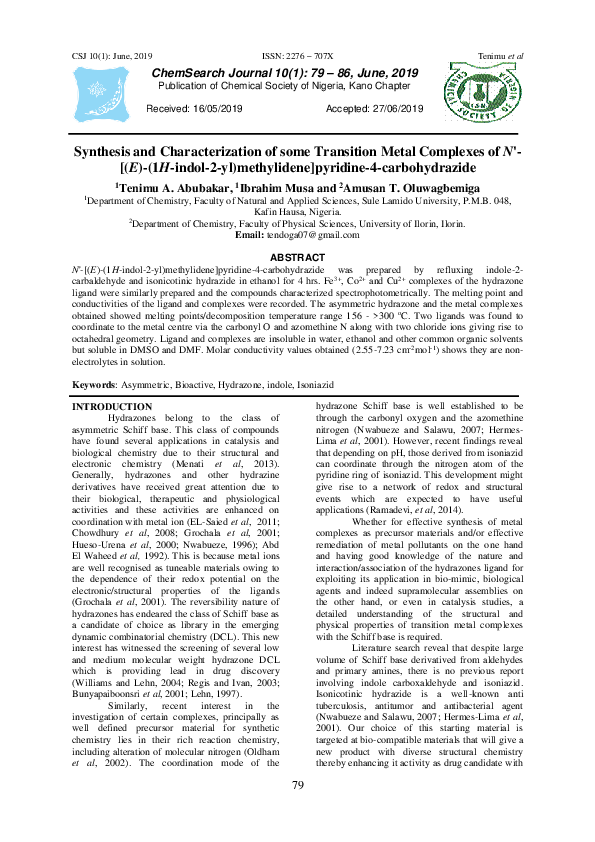 (PDF) Synthesis and Characterization of some Transition Metal Complexes of N'- [(E)-(1H-indol-2 ...