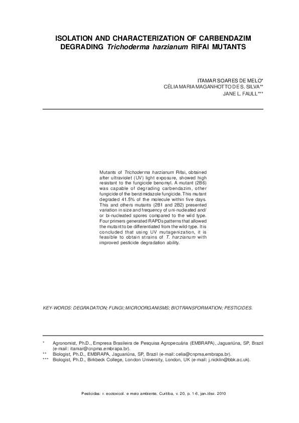 (PDF) Isolation and characterization of carbendazim degrading trichoderma harzianum rifai ...