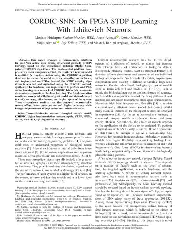 Pdf Cordic Snn On Fpga Stdp Learning With Izhikevich Neurons 7896