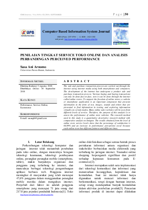 (PDF) Computer Based Information System Journal PENILAIAN TINGKAT SERVICE TOKO ONLINE DAN ...
