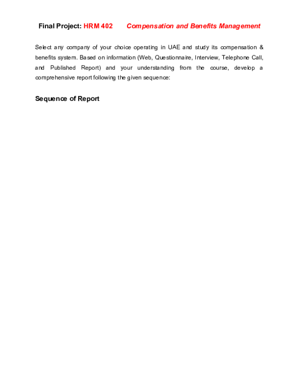 (DOC) Final Project: HRM 402 Compensation and Benefits Management