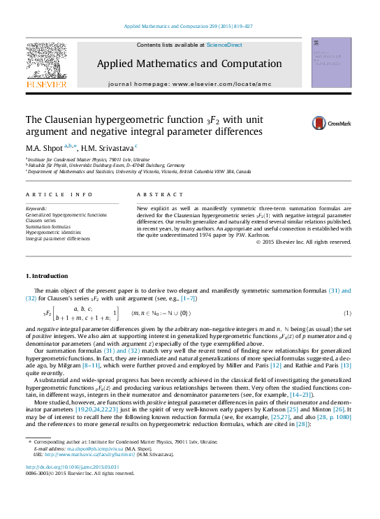 (PDF) The Clausenian hypergeometric function 3 F 2 with unit argument and negative integral ...