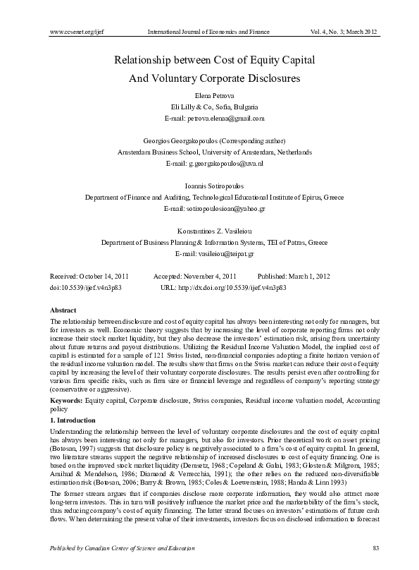 (PDF) Relationship between Cost of Equity Capital And Voluntary Corporate Disclosures | Nikita ...
