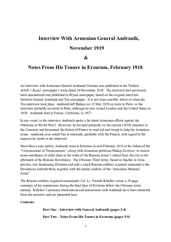 (DOC) Interview With Armenian General Andranik November 1919