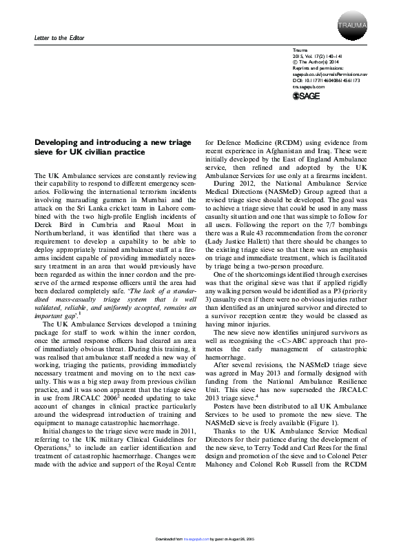 (PDF) Developing and introducing a new triage sieve for UK civilian ...