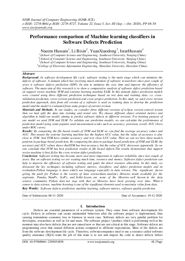 Pdf Performance Comparison Of Machine Learning Classifiers In Software Defects Prediction