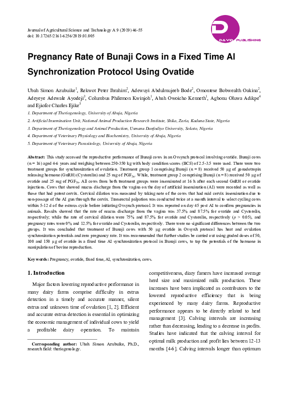(PDF) Pregnancy Rate of Bunaji Cows in a Fixed Time AI Synchronization Protocol Using Ovatide