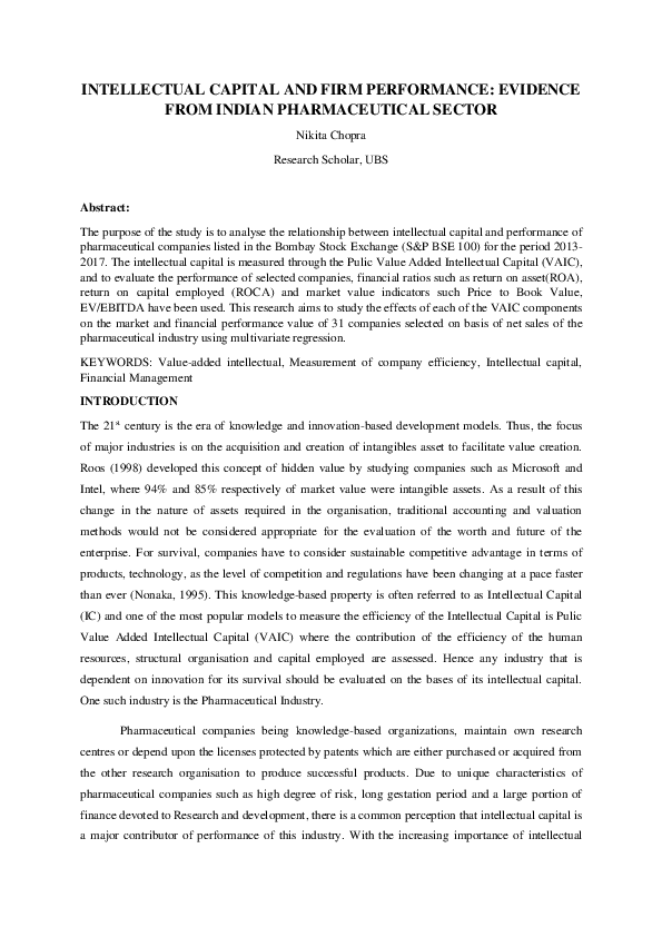 (PDF) INTELLECTUAL CAPITAL AND FIRM PERFORMANCE: EVIDENCE FROM INDIAN PHARMACEUTICAL SECTOR