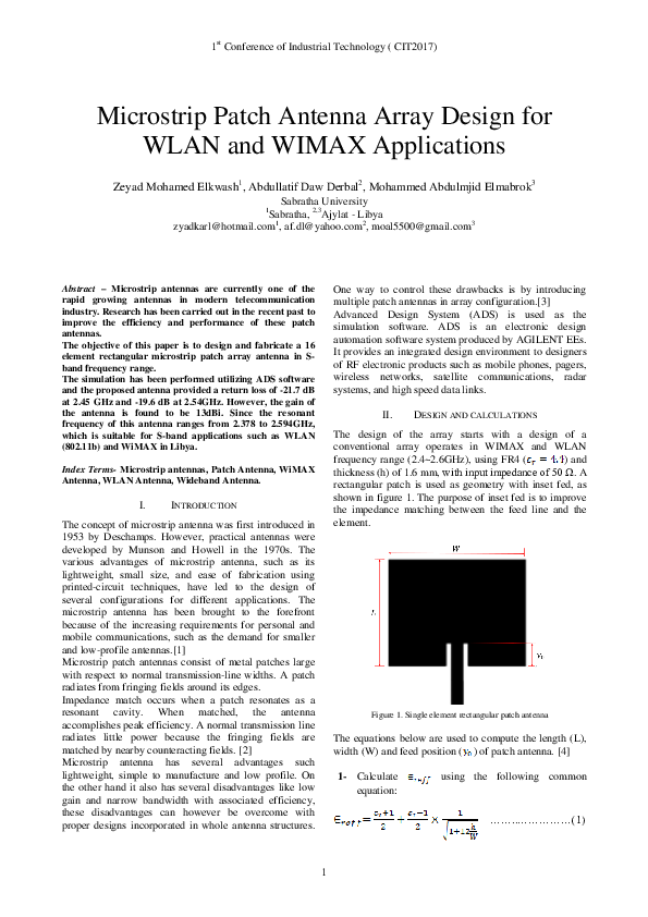 (PDF) Microstrip Patch Antenna Array Design for WLAN and WIMAX Applications