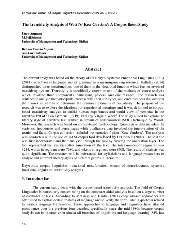 (PDF) The Transitivity Analysis of Woolf's 'Kew Gardens': A Corpus Based Study